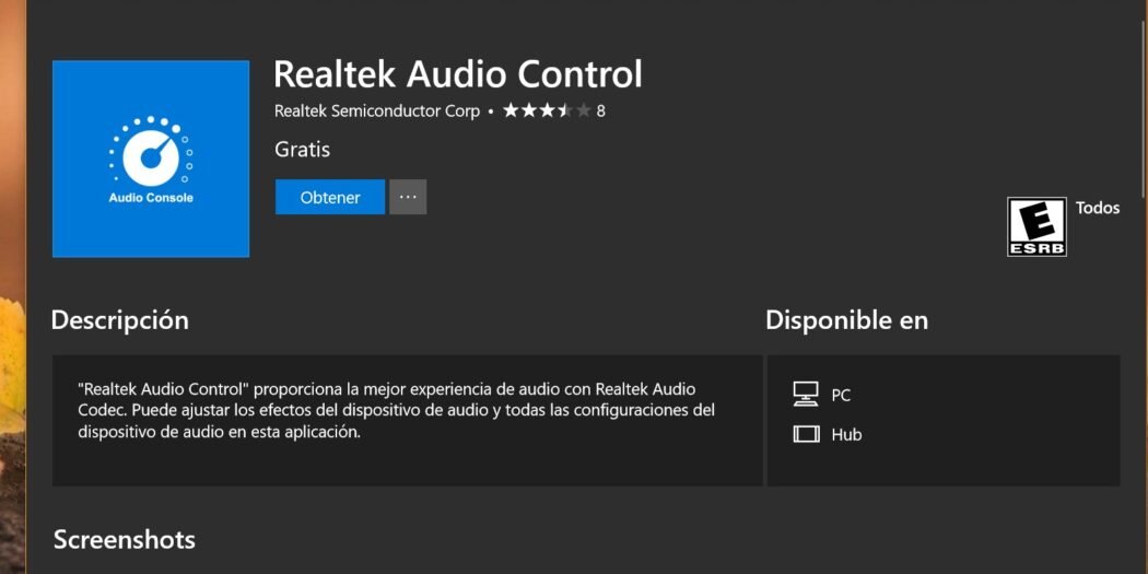 La aplicación Realtek Audio Control disponible en la Microsoft Store